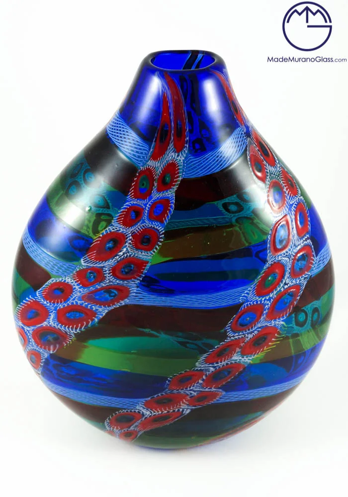 Frese - Blue Murano Glass Vase With Murrina Millefiori - Made Murano Glass