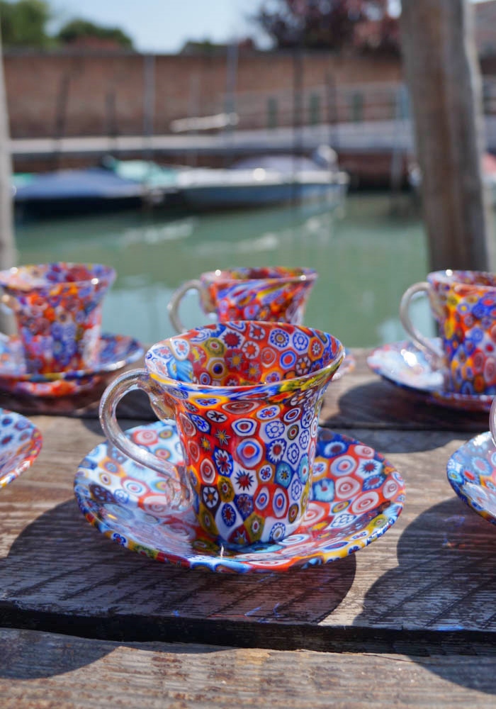 Set Of 6 Coffee Murano Glasses With Plate With Murrina And Gold - Made ...