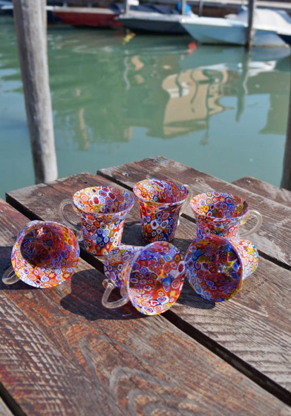 Set Of 6 Coffee Murano Glasses With Plate With Murrina And Gold - Made ...