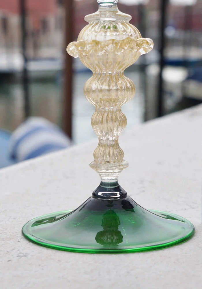 Set of 6 Murano Glass Green Goblets With Gold 24Kt - Made Murano Glass