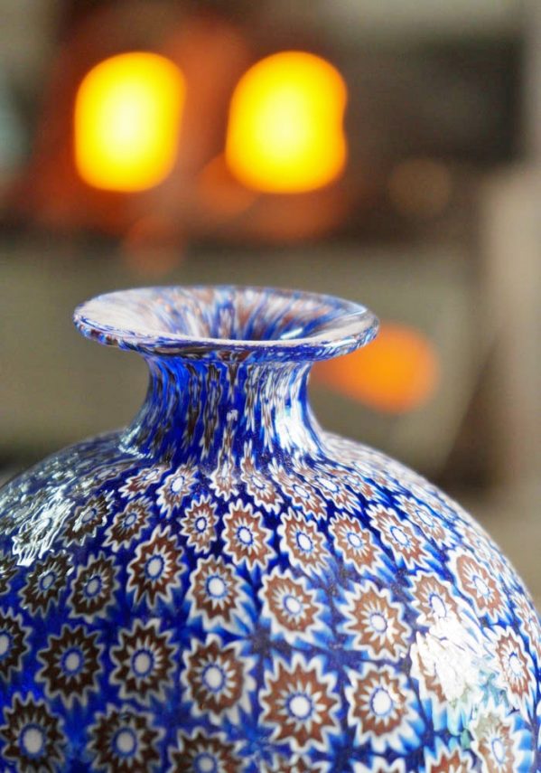 Frese - Blue Murano Glass Vase With Murrina Millefiori - Made Murano Glass