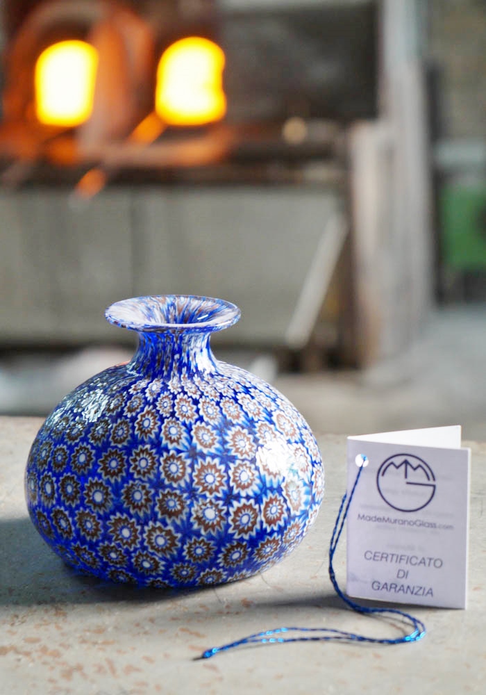 Frese - Blue Murano Glass Vase With Murrina Millefiori - Made Murano Glass