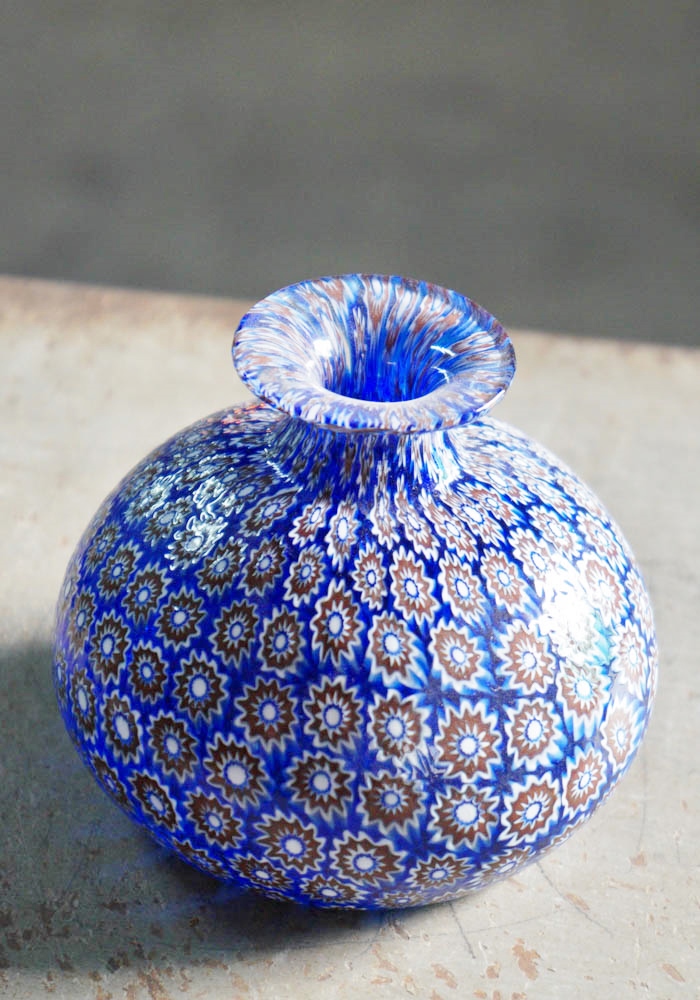 Frese - Blue Murano Glass Vase With Murrina Millefiori - Made Murano Glass