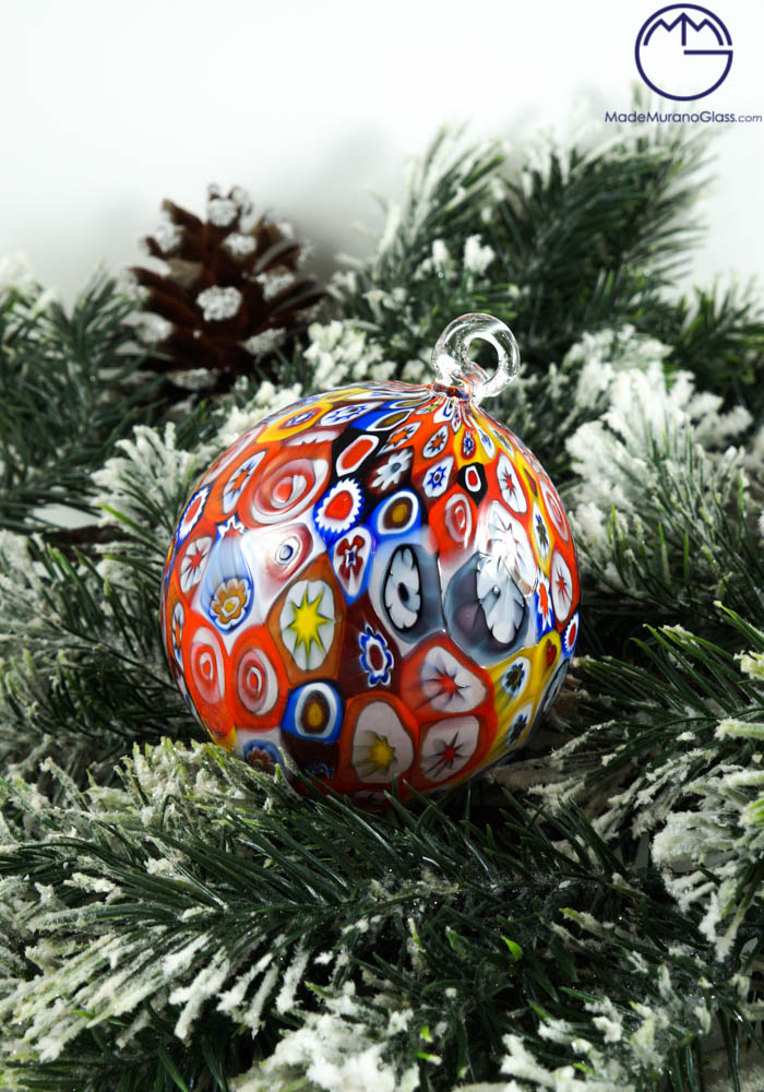 Damian Christmas Ball In Venetian Blown Glass With Murrina Millefiori Made Murano Glass