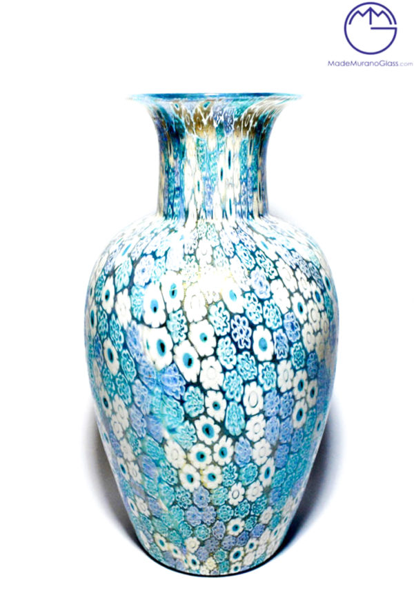 Frese - Blue Murano Glass Vase With Murrina Millefiori - Made Murano Glass