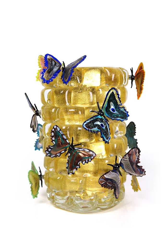 The Wall of Butterflies - Blown Vase Gold Leaf 24kt - Made Murano Glass