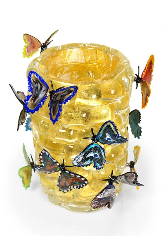The Wall of Butterflies - Blown Vase Gold Leaf 24kt - Made Murano Glass