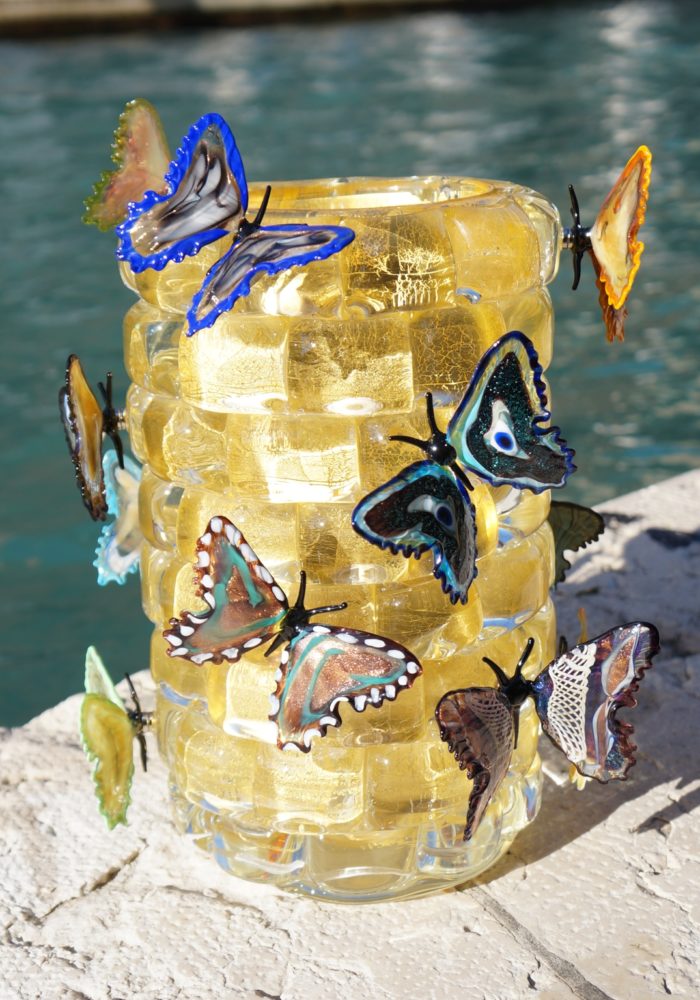 The Wall of Butterflies - Blown Vase Gold Leaf 24kt - Made Murano Glass
