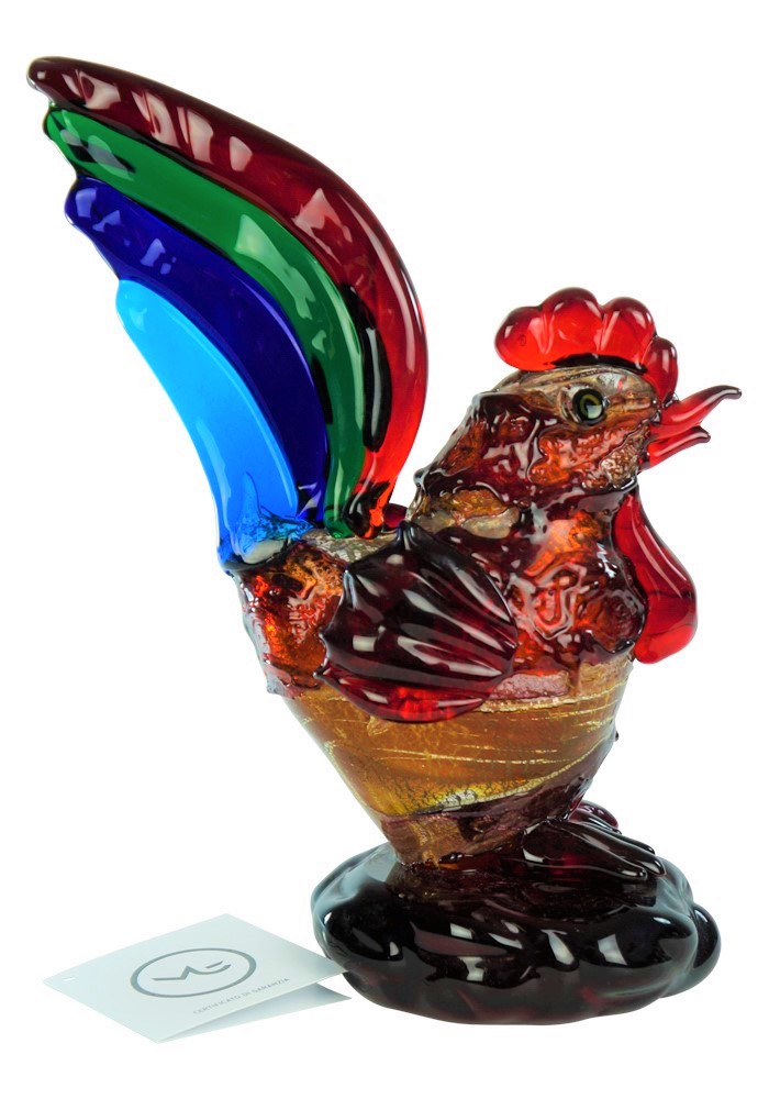 Murano Sculpture Rooster With Glass Sbruffo - Made Murano Glass