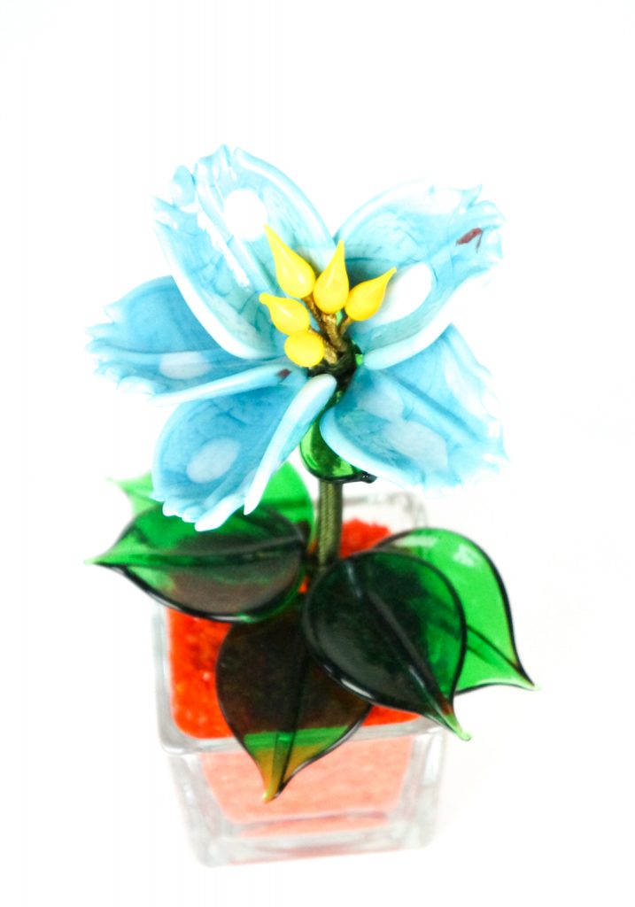 Murano Glass Flower Orange Light Blue - Made Murano Glass