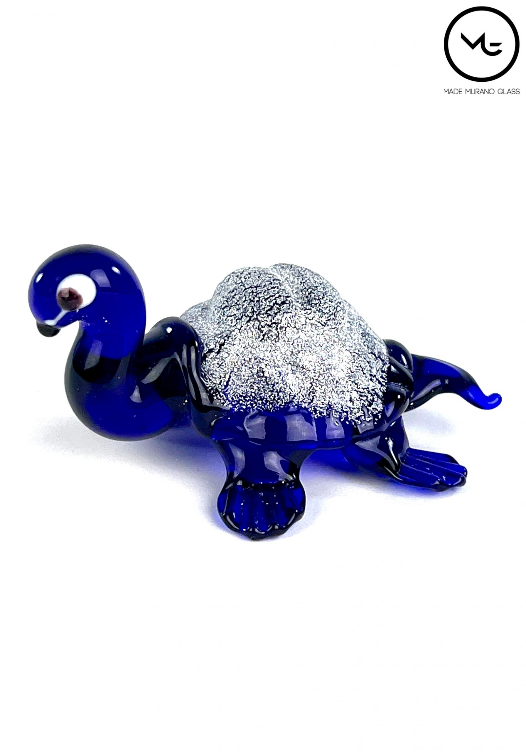 Ercole - Blue Murano Glass Turtle With Silver Leaf - Made Murano Glass