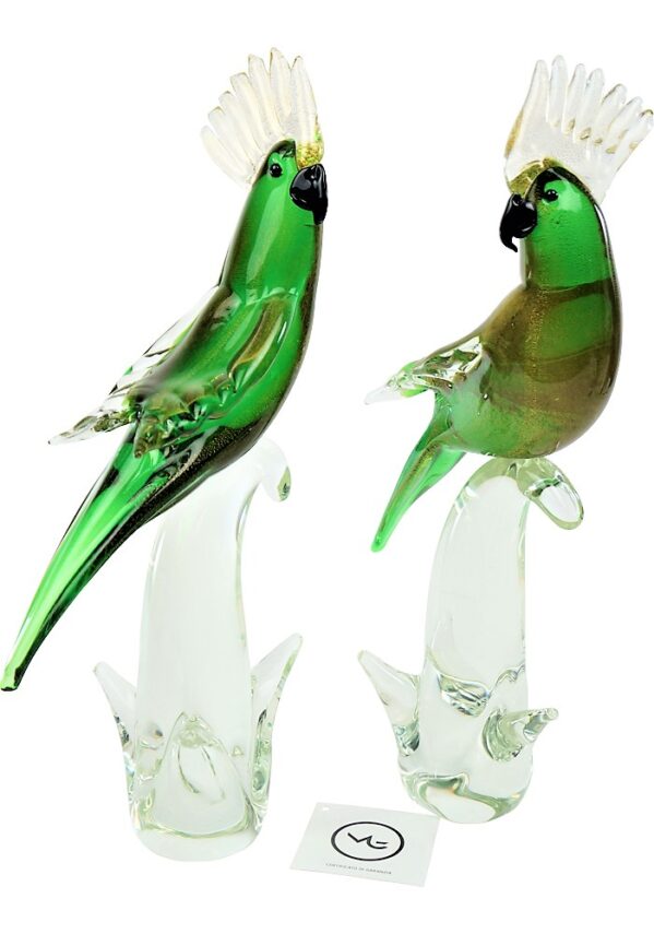 Pair Of Green And Gold Murano Glass Parrots Sculpture - Made Murano Glass