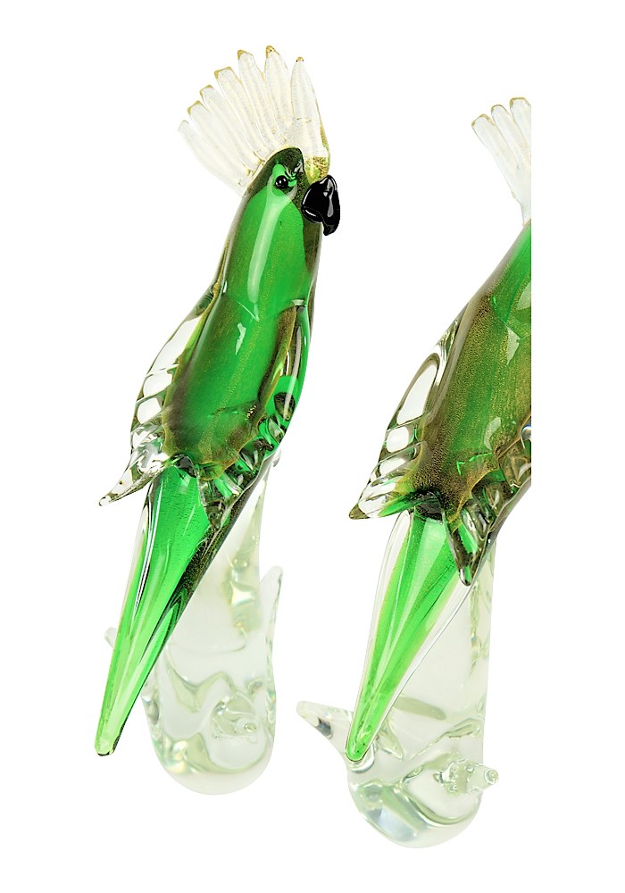 Pair Of Green And Gold Murano Glass Parrots Sculpture - Made Murano Glass