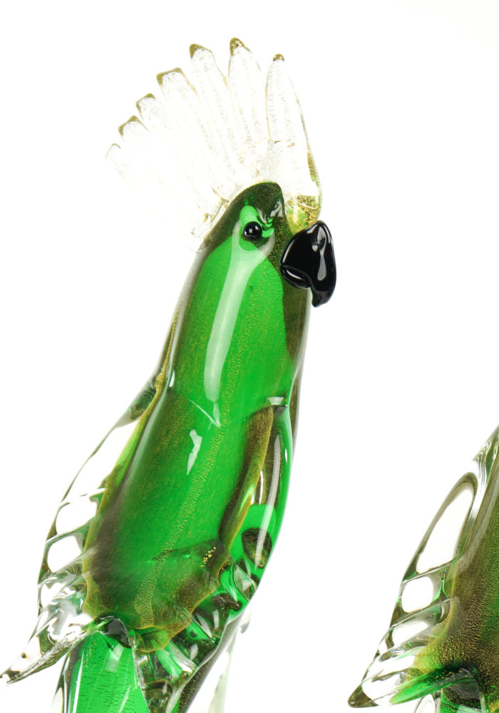 Pair Of Green And Gold Murano Glass Parrots Sculpture - Made Murano Glass