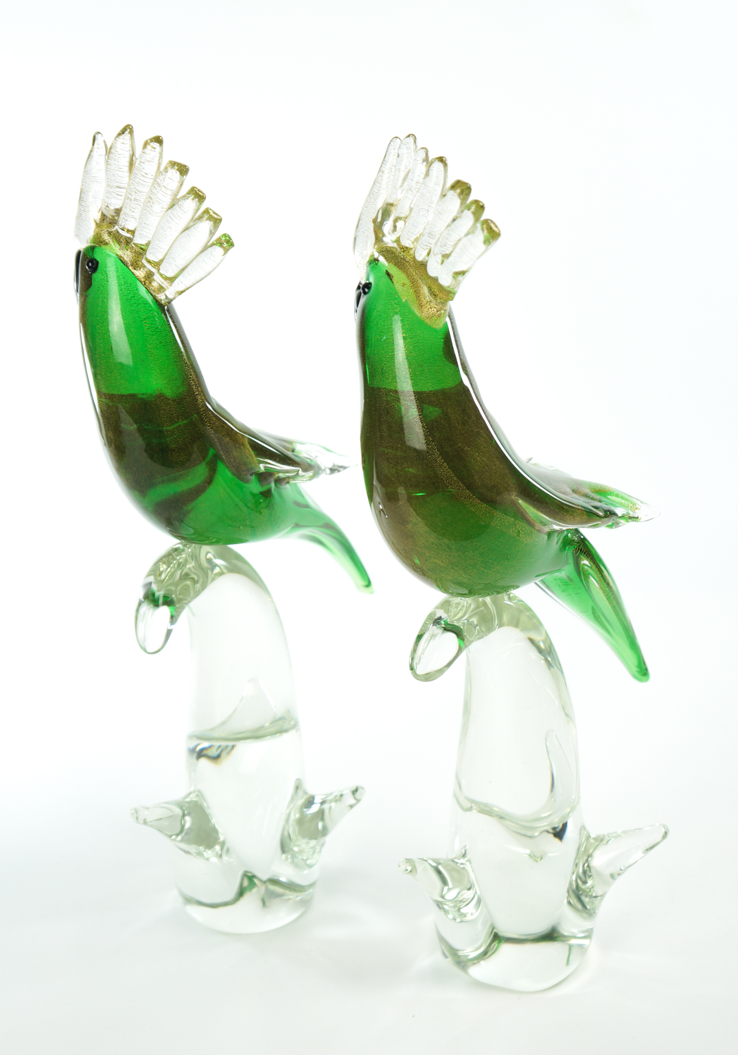 Pair Of Green And Gold Murano Glass Parrots Sculpture - Made Murano Glass
