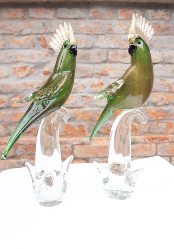 Pair Of Green And Gold Murano Glass Parrots Sculpture - Made Murano Glass