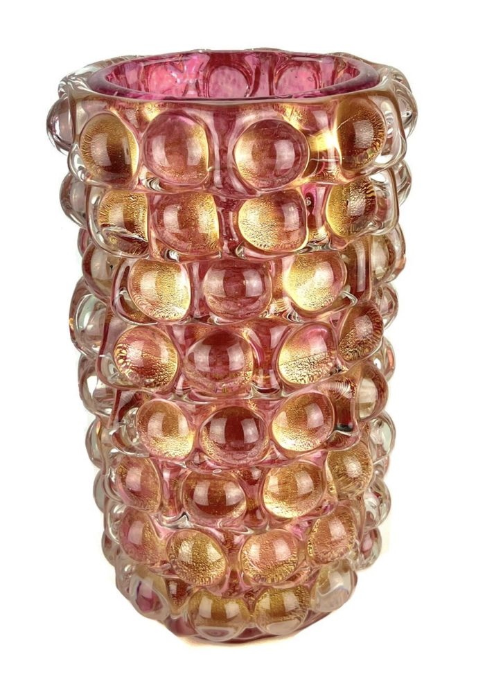 Sydney - Rubin Murano Glass Vase With "Bugne" - Made Murano Glass