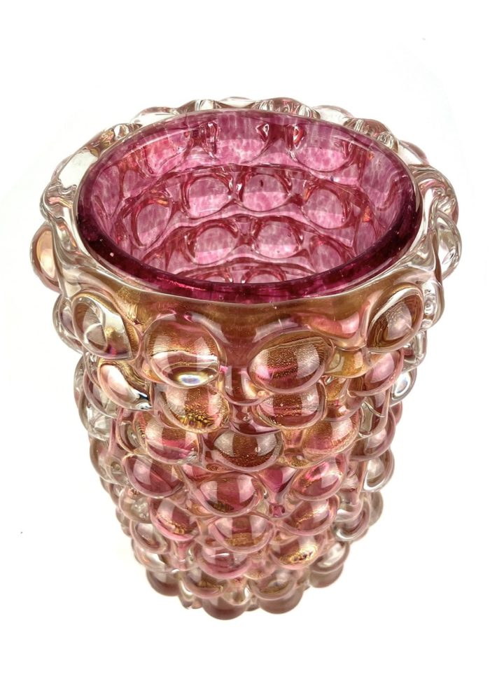 Sydney - Rubin Murano Glass Vase With "Bugne" - Made Murano Glass